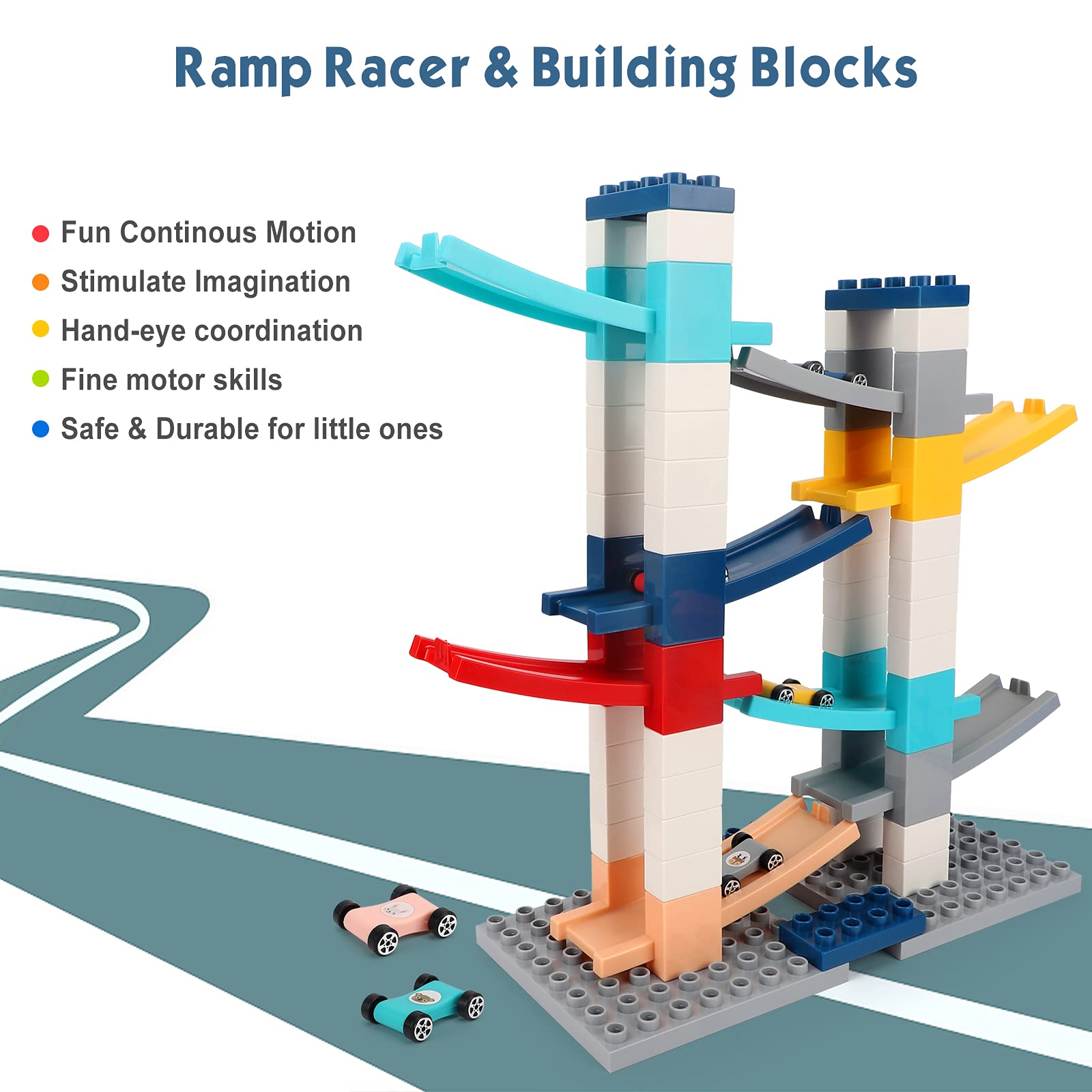 Aomola Car Ramp Toy with Classic Big Building Blocks,Creative DIY Building Bricks Compatible with All Major Brands,Car Ramp Racer for Toddlers with 6 Mini Cars,Storage Box & Base Plate