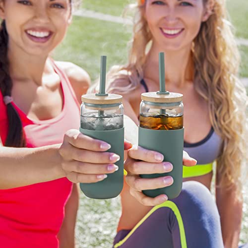 20oz Glass Water Tumbler with Silicone Protective Sleeve - Beer Can Shaped Glass Cups with Straw and Bamboo Lid, Iced Coffee Glasses, Cute Drinking Glasses for Water, Smoothie, Gift - Cambridge Blue
