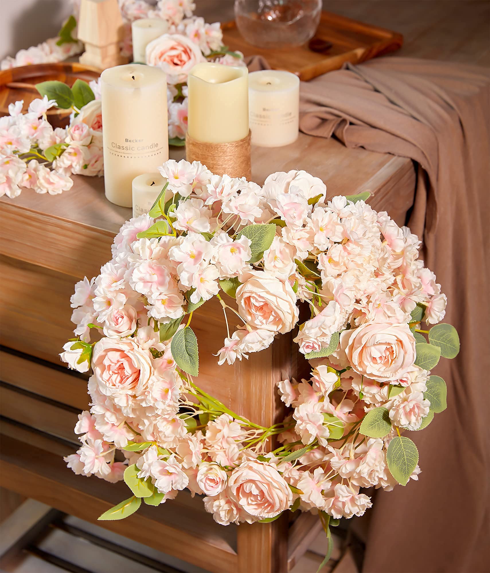 Anna's Whimsy 6.07FT Rose & Cherry Blossom Garland, Silk Artificial Flower, Flower Hanging Vines for Wedding Arch Party Table Home Garden Outdoor Kawaii Decor