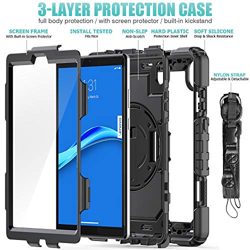 Herize Case for Lenovo Tab M8 HD TB-8505F TB-8505X / Smart Tab M8 TB-8505FS/ Tab M8 FHD TB-8705F with Pen Holder Screen Protector | Three Layer Sturdy Rubber Case W/Stand Hand Strap Shoulder Strap