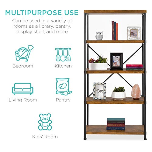 Best Choice Products 5-Tier Rustic Industrial Bookshelf Display Décor Accent for Living Room, Bedroom, Office w/Metal Frame, Wood Shelves - Brown