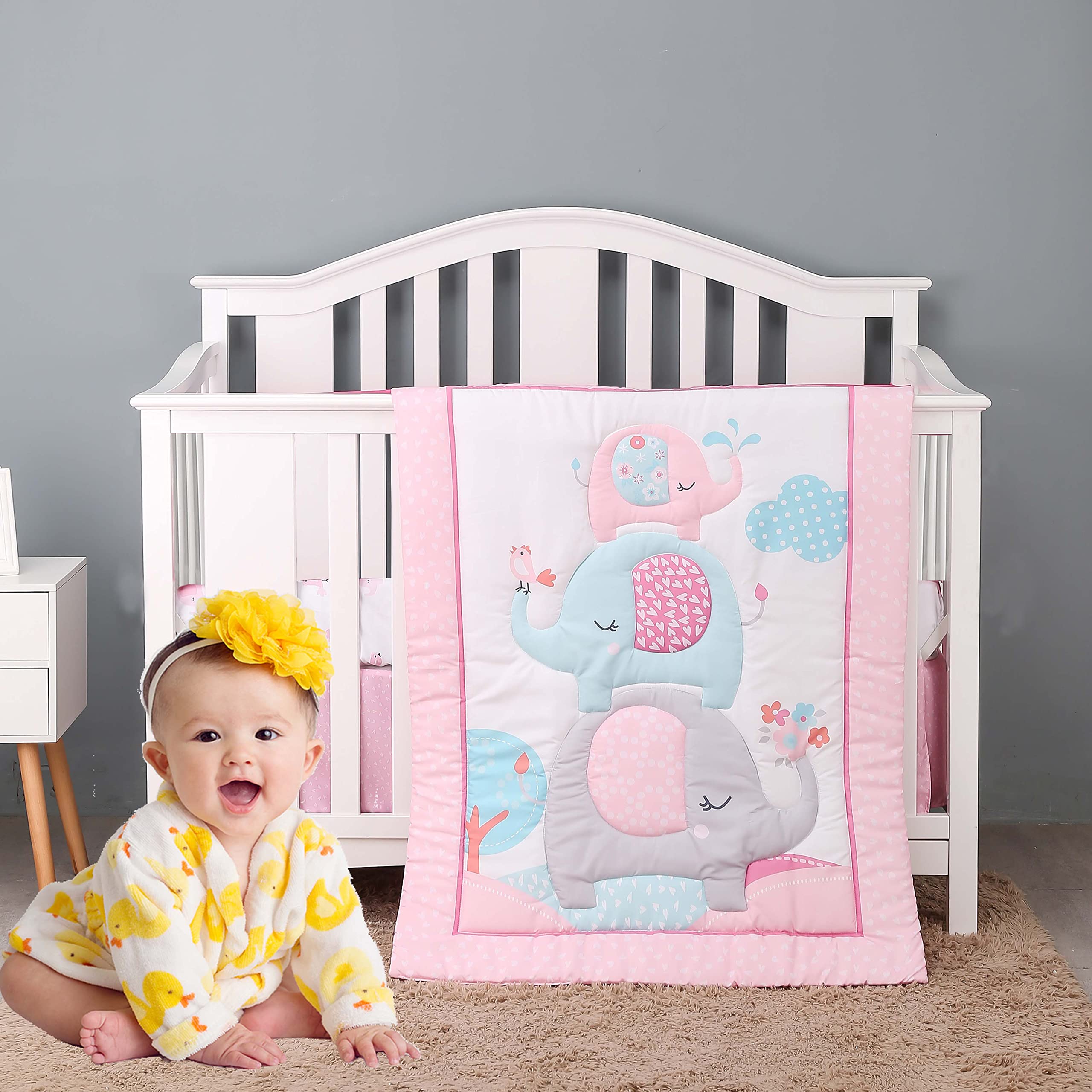 Brandream Pink Grey Elephant Crib Bedding Sets for Baby Girls | 3 Piece Nursery Set | Crib Comforter, Fitted Crib Sheet, Crib Skirt Included with Exotic Floral Design