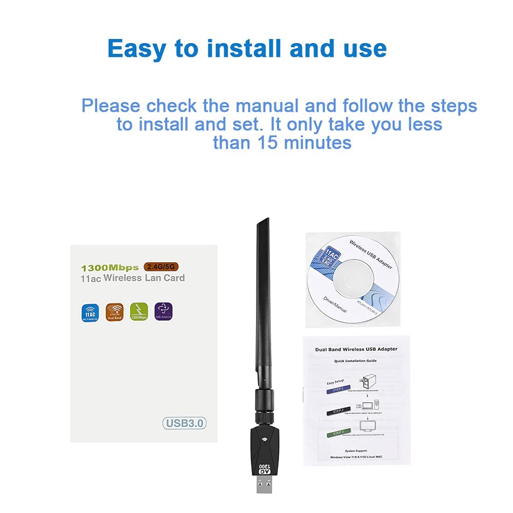 USB WiFi Adapter 1300Mbps Wireless Dongle for Desktop PC, USB 3.0 2.4GHz/5GHz WiFi Adapter Features RTL8812BU, 5dBi High Gain Antenna Compatible with Windows 10/7/8/8.1/XP/Vista and Mac OS 10.9-10.15