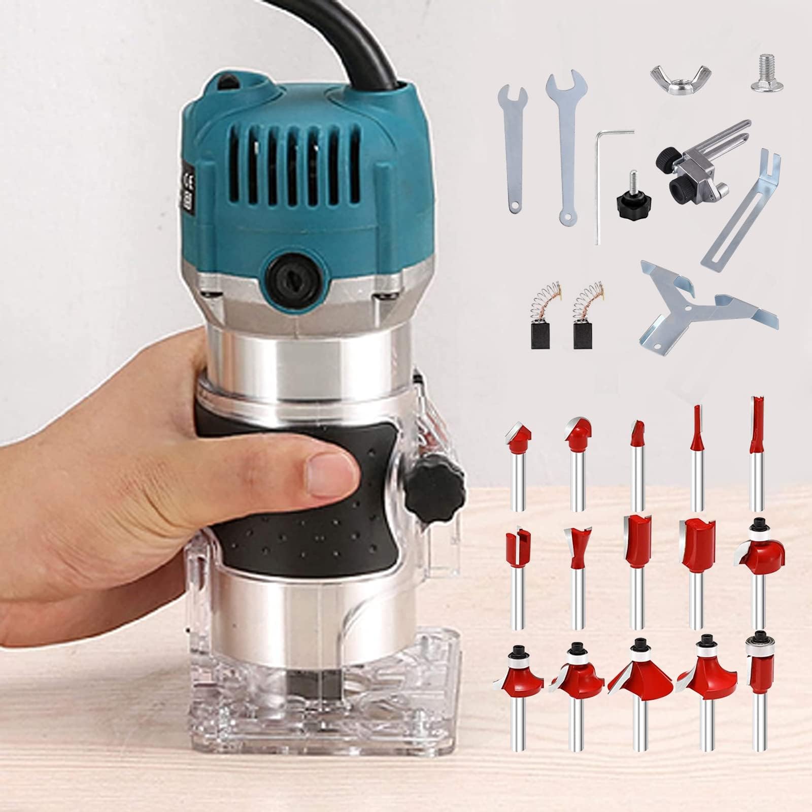 AKYPACH Wood Router Tool Electric Hand Trimmer Laminate Milling Engraving Hand Machine Joiner 110V 800W with 15pcs Trim Router Bits Slotting Carving 1/4" Collets Woodworking Tool