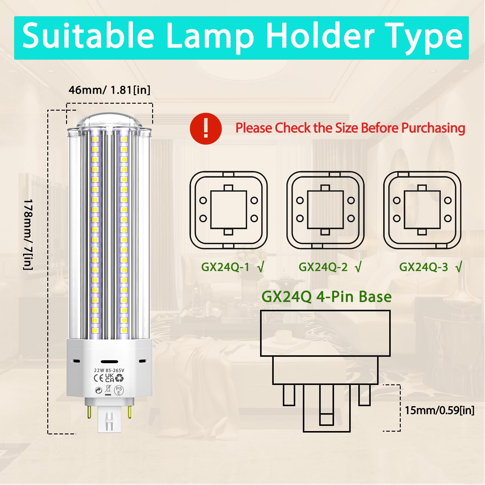 Aluxcia GX24QG24Q LED 4-Pin Base Light Bulb 22W (42W CFLCompact Fluorescent Lamp Equivalent) GX24 LED PL-C Recessed Lamp, RemoveBypass The Ballast, 6000K, 2-Pack, 22 Watts, 2 Pack, Daylight