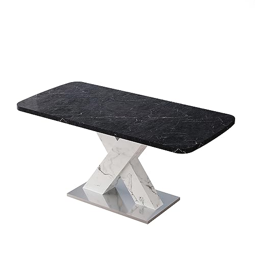 63'' Modern Stretchable Kitchen Table for 4-6 Seats, Space-Saving Expandable Dining Table with Black Marble Veneer Table Top+MDF White X-Shape Table Leg with Metal Base for Dining Room Living Room