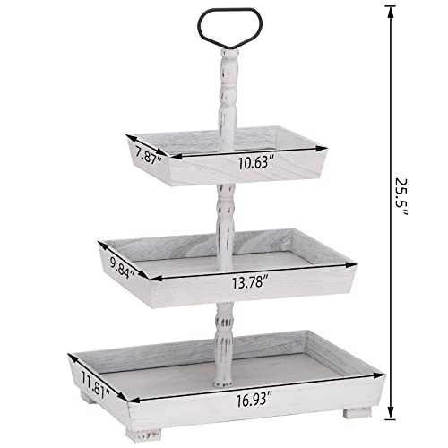 3 Tier Serving Tray, Rectangle Tiered Tray, Farmhouse Table Decor Cake Stands Round Wooden Tray Three Tier Tray with Metal Handle Large Storage Tray,Home Kitchen Shelf Coffee Bar Table