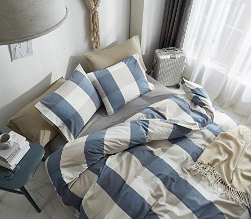 HYPREST Queen Duvet Cover - 100% Cotton Duvet Cover Queen Blue Buffalo Plaid Soft Breathable Farmhouse Style