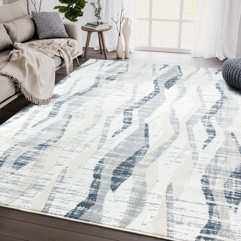 Abani Geometric Beige & Blue 4'x6' Area Rug, Aspen Collection - Contemporary Accent Rug Rugs