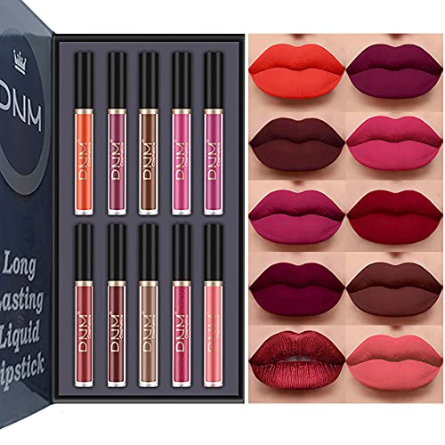 evpct 10Pcs Dark Red Liquid Matte Mat Matt Lipstick Set Lip Stick Stain Packs matte for Dark Skin Women, DNM Long Lasting Original 24 Hour Matte lipstick lapiz labiales mate 24 horas originales mate