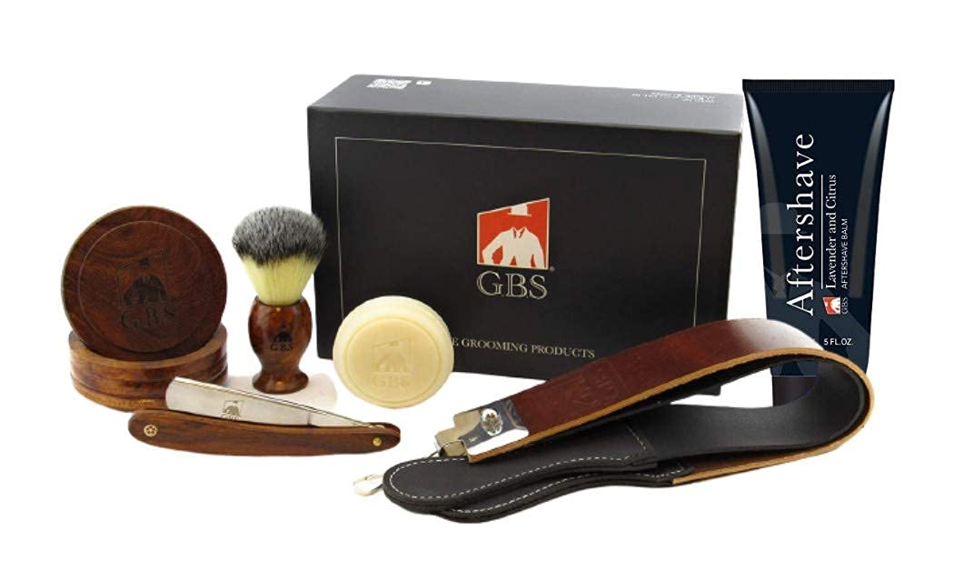G.B.S Complete Professional Wet Shaving Kit + Lavender and Citrus Aftershave Balm Rejuvenates Dry Skin 5/8" Inch Carbon Steel Straight Razor with Wooden Handle, Synthetic Hair Shave Brush, strop, Soap