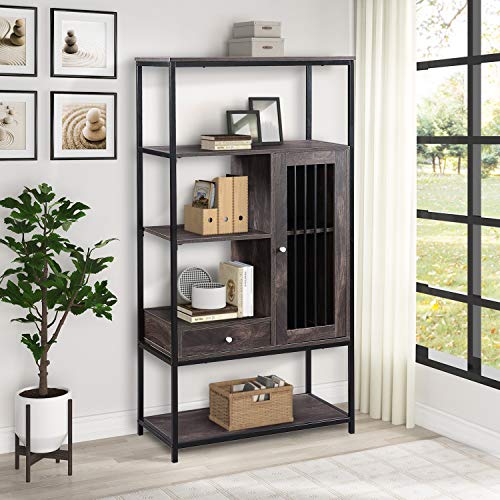 P PURLOVE Industrial Bookshelf Home Office Bookcase and Bookshelf 5 Tier Display Shelf with Doors and Drawers Rustic Wood and Metal Shelving Unit