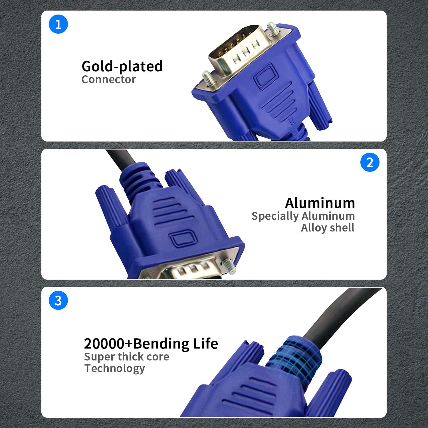 DaFuRui 3Pack VGA to VGA Cable,10Ft HD15 VGA Male to Male Cable for TV Computer VGA Monitor Cable with Blue Connector