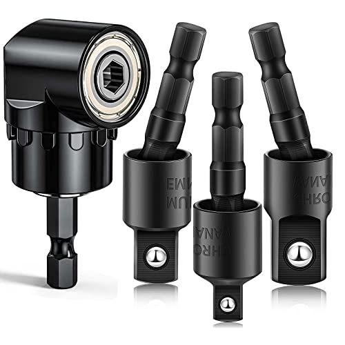 4pcs Drill-Bit-Extension Set, Includes Hex Shank 105° Right-Angle-Drill-Attachmen, 360° Rotatable Joint Socket 1/4 3/8 1/2" Universal Socket Adapter Set (Black)
