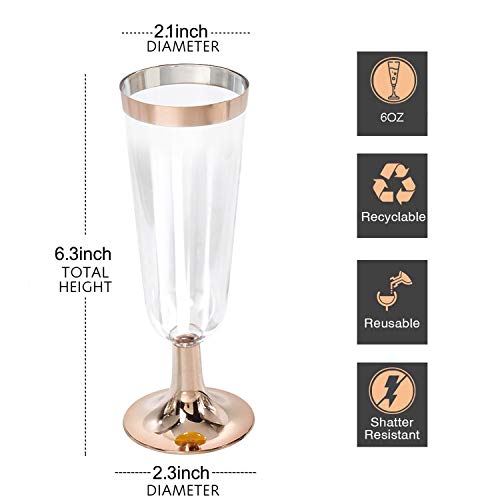 I00000 50 Pack Rose Gold Plastic Champagne Flutes, 5 Oz Fancy Rose Gold Champagne Glasses Plastic Classicware Plastic Toasting Glasses Disposable Party Cocktail Cups for Wedding & Party
