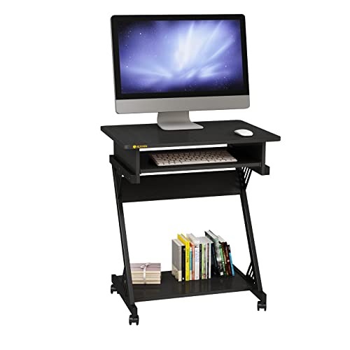ALISENED Computer Desk for Small Spaces,23.6" Z-Shaped Compact Study Table with Smooth Keyboard Tray,with Wheels and Bottom Shelves for Home OfficeďźComputer Cart Mobile Laptop Cart