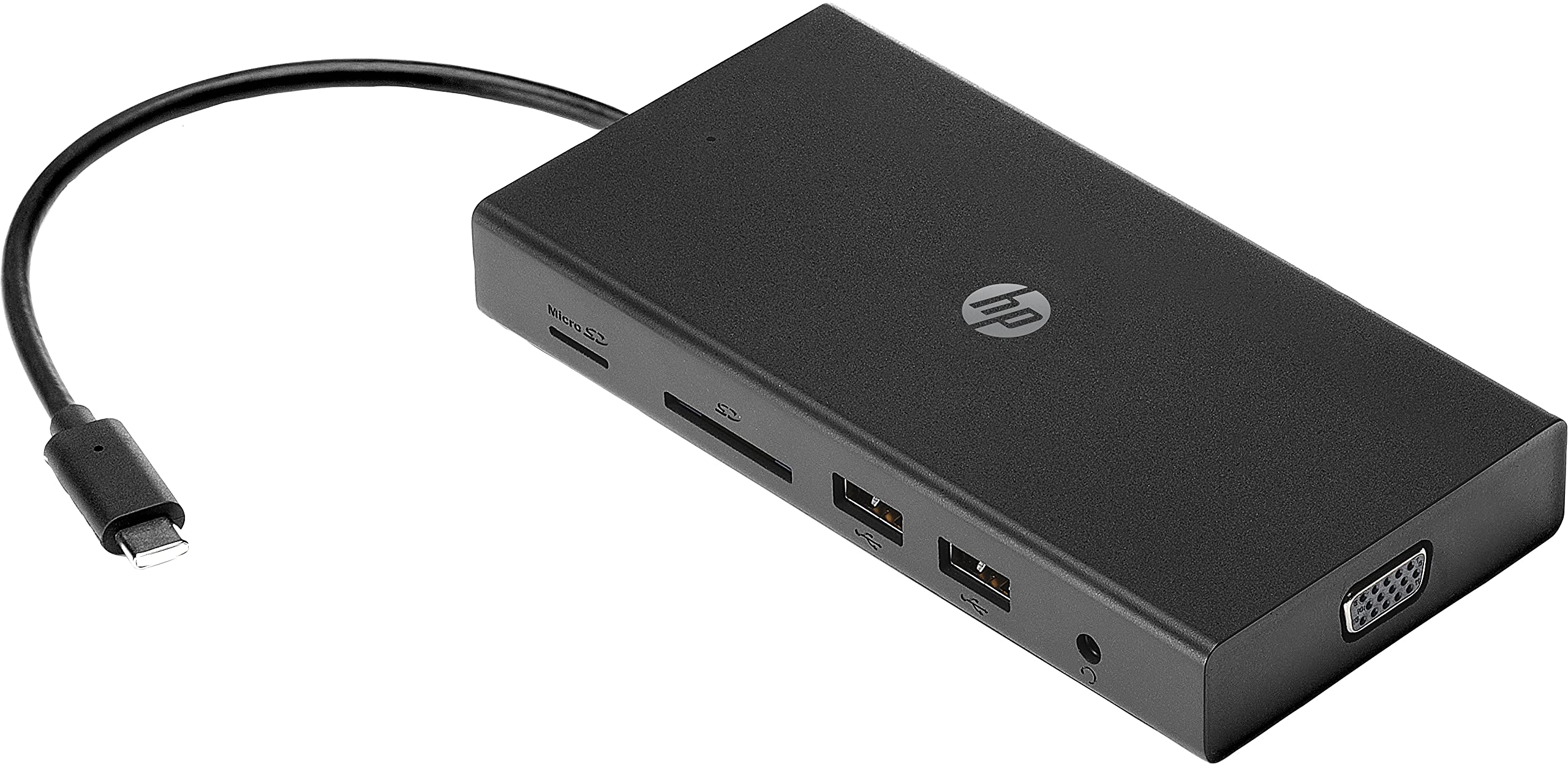 HP Travel USB-C Multi Port Hub, USB-C Pass Through Charging, 1 Gbps RJ45 Ethernet Port, Simultaneous HDMI and VGA Connections, Multiple USB, SD, Micro SD Ports - Black