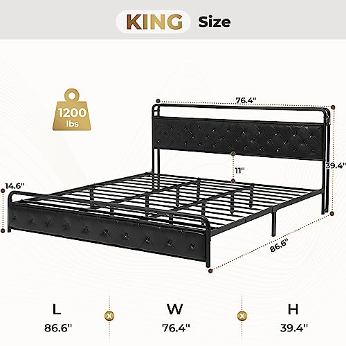 BTHFST King Size Bed Frame with Built-in LED Light Headboard, USB Ports & Outlets, Faux Leather Upholstered King Platform Bed Frame with Diamonds Tufting Design, Super Sturdy Bed Foundation, Black
