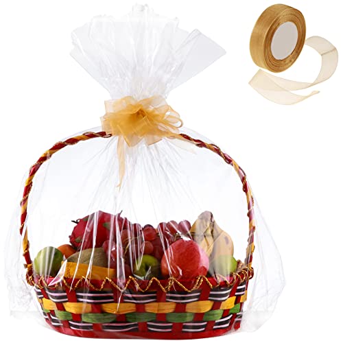 50 Packs Large Clear Cellophane Basket Bags 24" x 30" Cellophane Basket Gift Bags Heavy-duty Plastic Wrapping Paper for Gifts, Arts, Crafts, Treats, Chiffon Ribbon Included