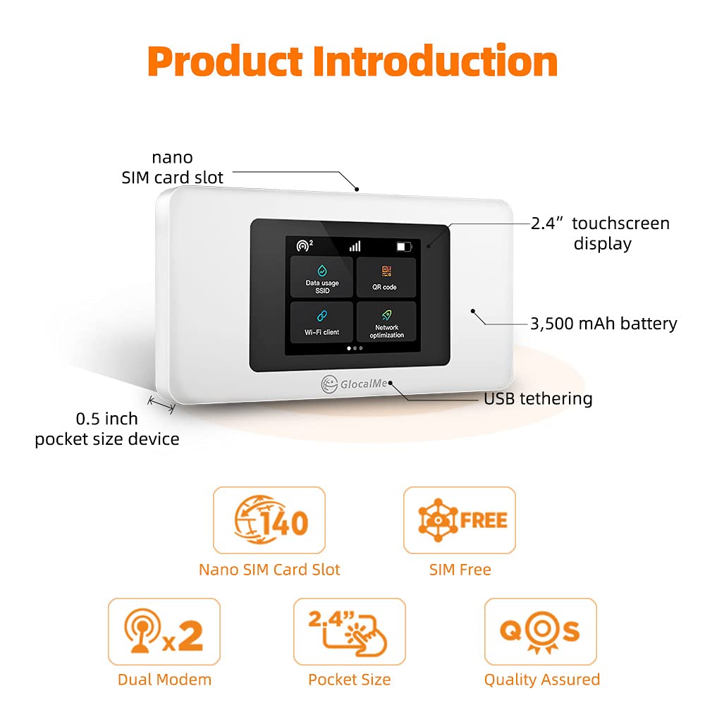 GlocalMe DuoTurbo 4G LTE Portable WiFi Hotspot for Travel in 200+ Countries, Mobile Hotspot Device with Global 1GB & Local 10GB Data 30Days, SIMFREE and Dual Modem, 10 Devices Connected(White)