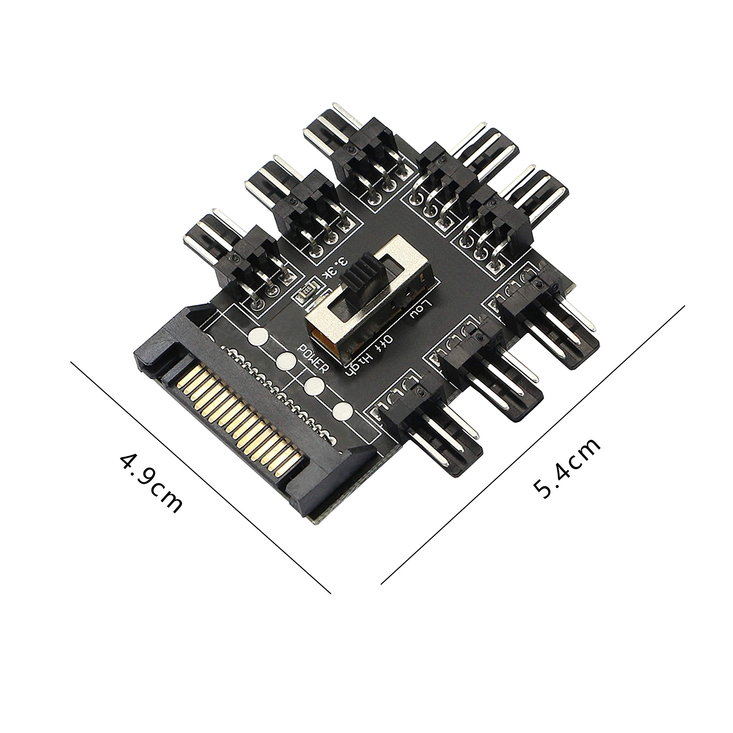 GELRHONR Chassis Fan Hub, SATA 1 to 8 Way12V 3 PIN Cooling Fan Splitter Controller Hub 3 Pin PWM for PC Desktop Computer Motherboard(12V 3-Pin)