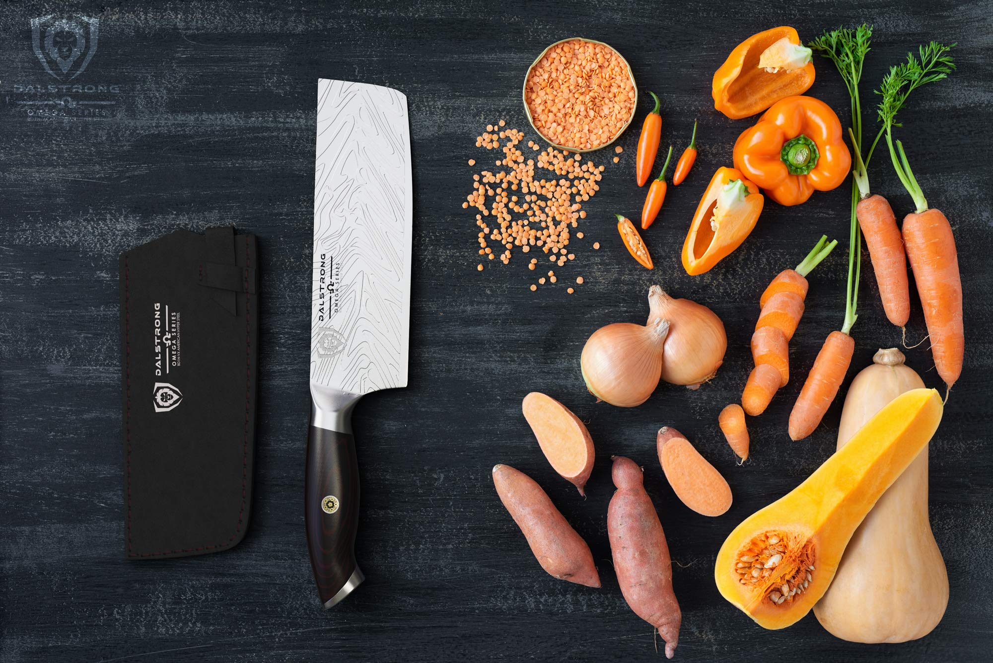 Dalstrong Nakiri Knife - 7 inch - Omega Series - BD1N-V Hyper Steel Kitchen Knife - G10 Woven Fiberglass Handle - Razor Sharp Knife - Professional Vegetable Cooking Knife - Leather Sheath Included