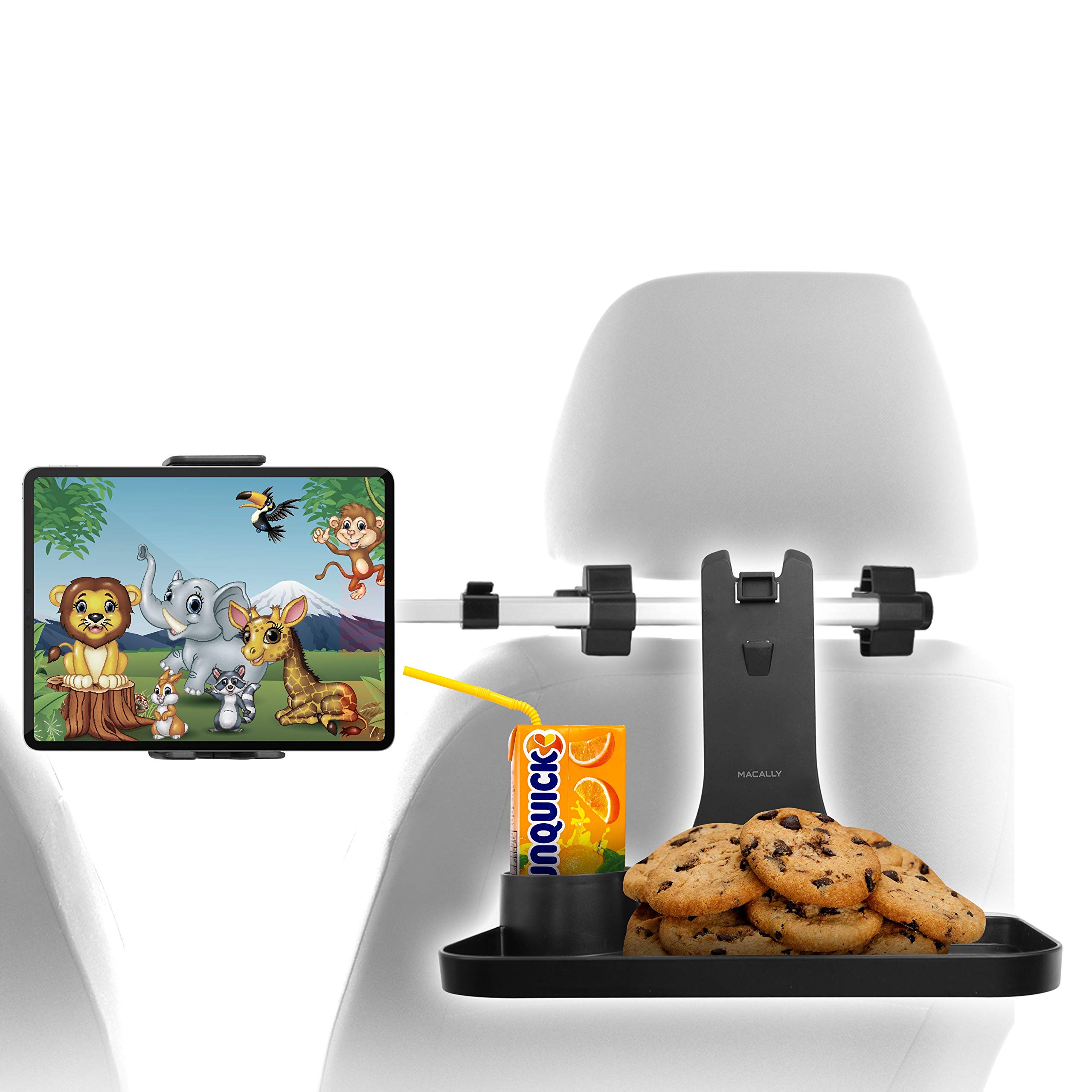 Macally Tablet Mount for Car - iPad Holder with Folding Table Tray - 360 Rotatable - Compatible with Tablets 4.5-10" Wide