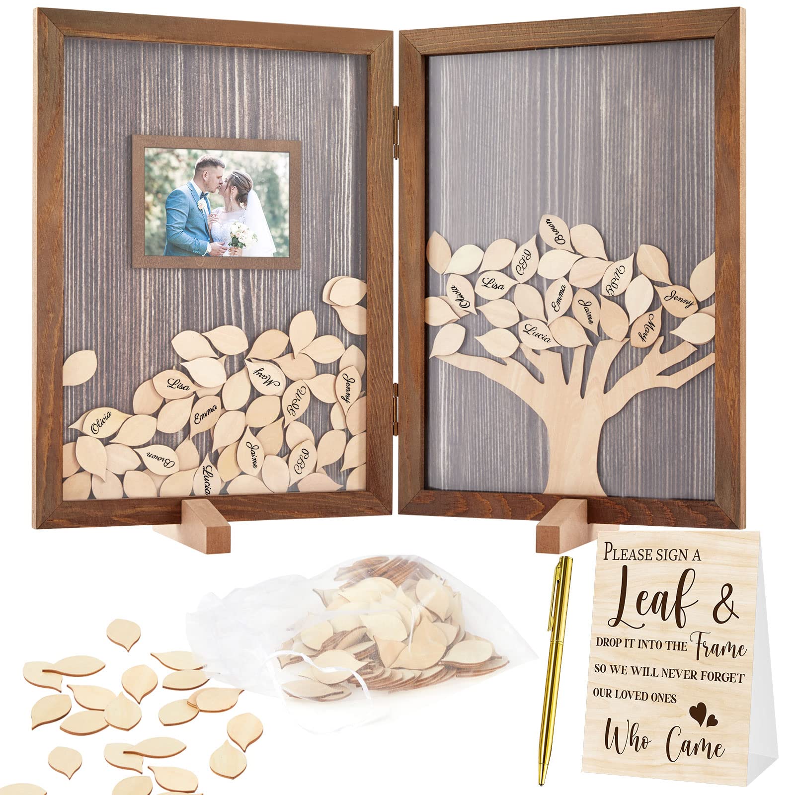 Gueevin 164 Pcs Wedding Decorations Wedding Guest Book Alternatives 160 Pcs Leaves Wedding Sign Guest Book Wedding Reception Wedding Favors for Guests Personalized Sign in Guest Book (Dark Color)