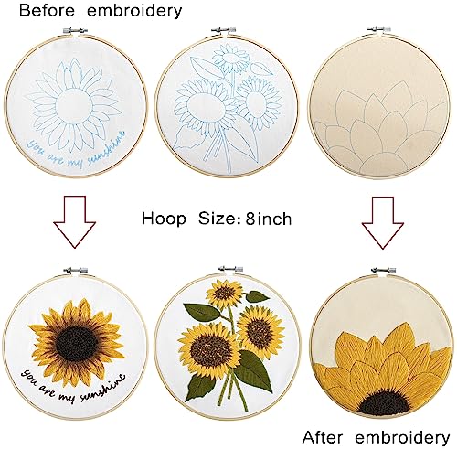 Armindou 3 Sets Embroidery Starter Kits with Sunflower Pattern for Adults Beginners, Floral Stamped Cross Stitch Kit Hand DIY Needlepoint Kit, 3 Embroidery Hoops, 3 Embroidery Fabric, Needles, Threads