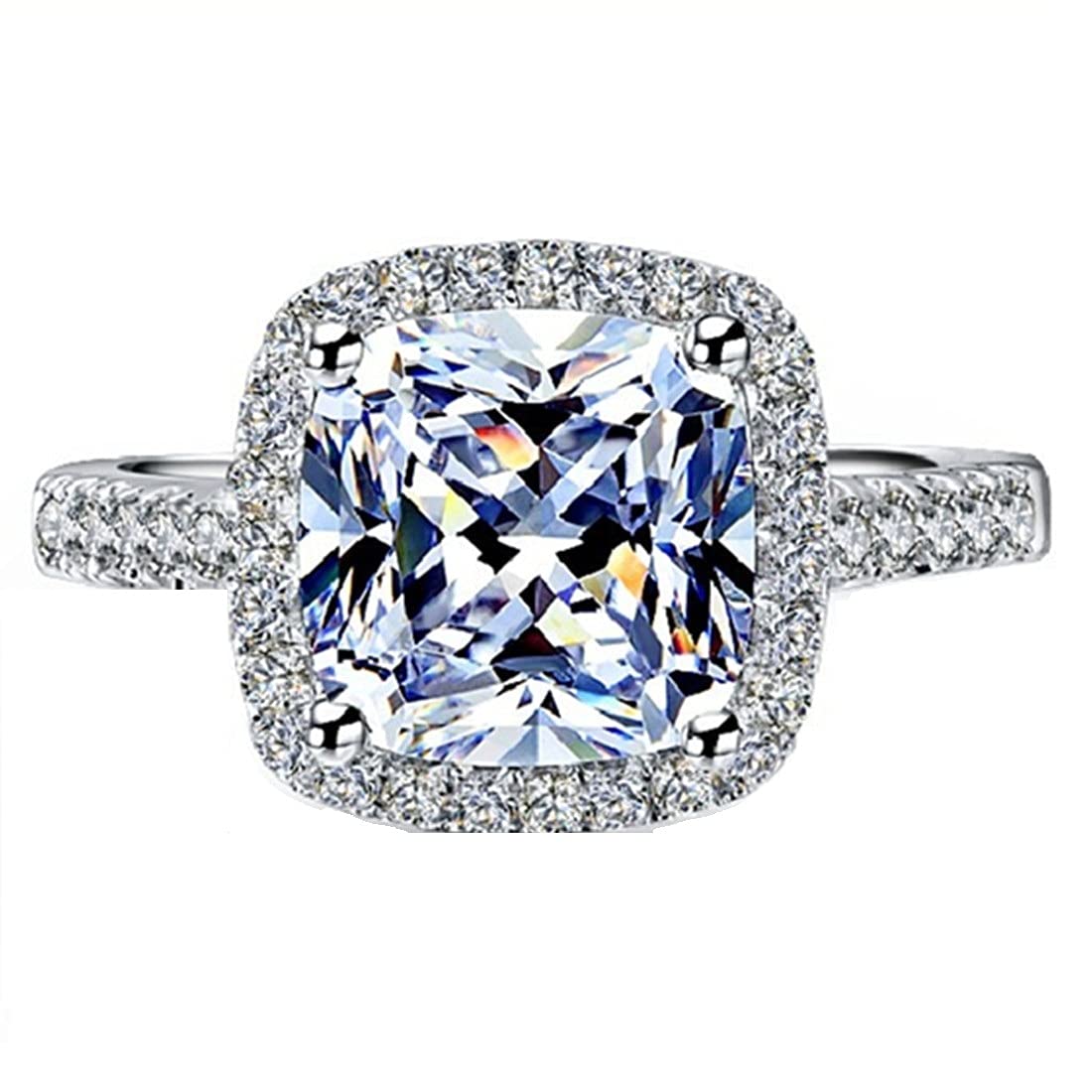 18K White Gold Plated 3CT Zircon Cushion Halo Diamond Ring for Women Sterling Silver Jewelry