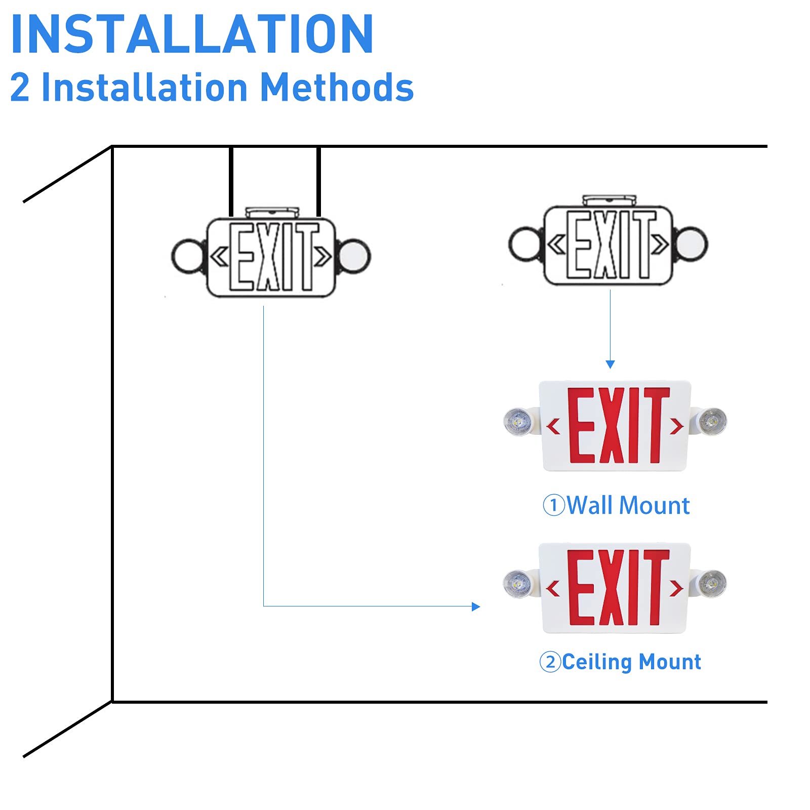 Exit Sign with LED Emergency Lights, Double Face Emergency Light Combo, 90min Long Backup Battery, Emergency Sign Exit Light, ABS Fire Safety (UL Listed 120-277V) (UL 94V-0) (2pack)