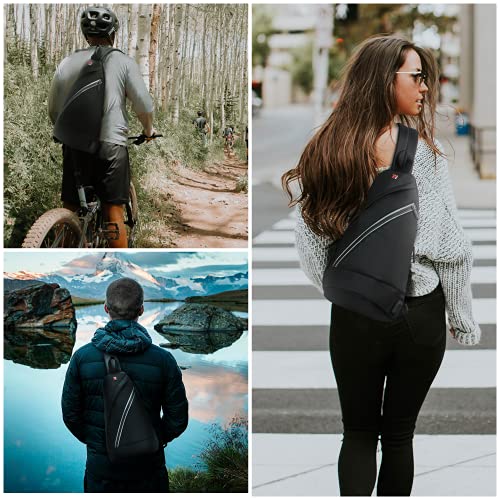all4way Sling Backpack Tablet - Swiss Design with fast USB Charging - RFID Anti Theft Travel Biking Bag (10.2, Black)