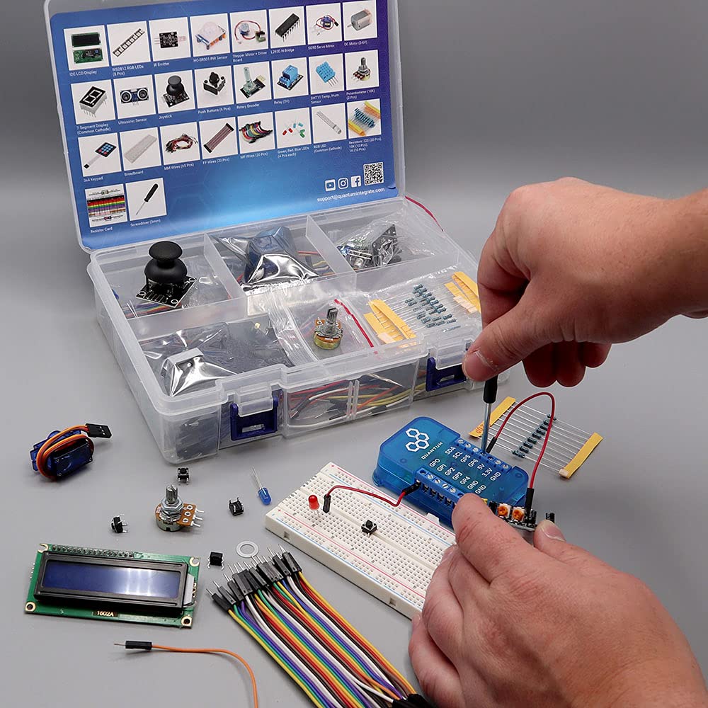 Quantum Hardware Component Electronic Starter Kit with Solderless Breadboard, Jumper Wires Kit, LEDs & Resisitor Kit, Various Sensors for Arduino/for Raspberry pi/ESP32/ESP8266