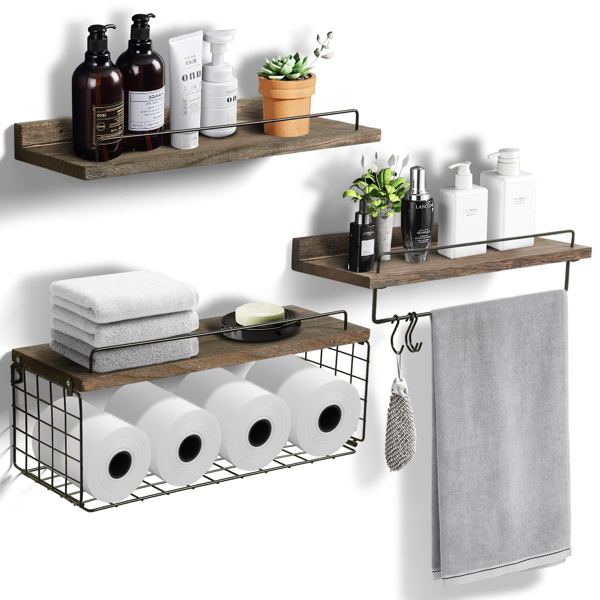 3+1 Tier Floating Shelves, Bathroom Floating Shelves with Wire Basket, Bathroom Shelf with Towel Bar and Hooks, Wall Solid Wood Shelves, Wall Shelves for Bathroom, Living Room, Bedroom and Kitchen