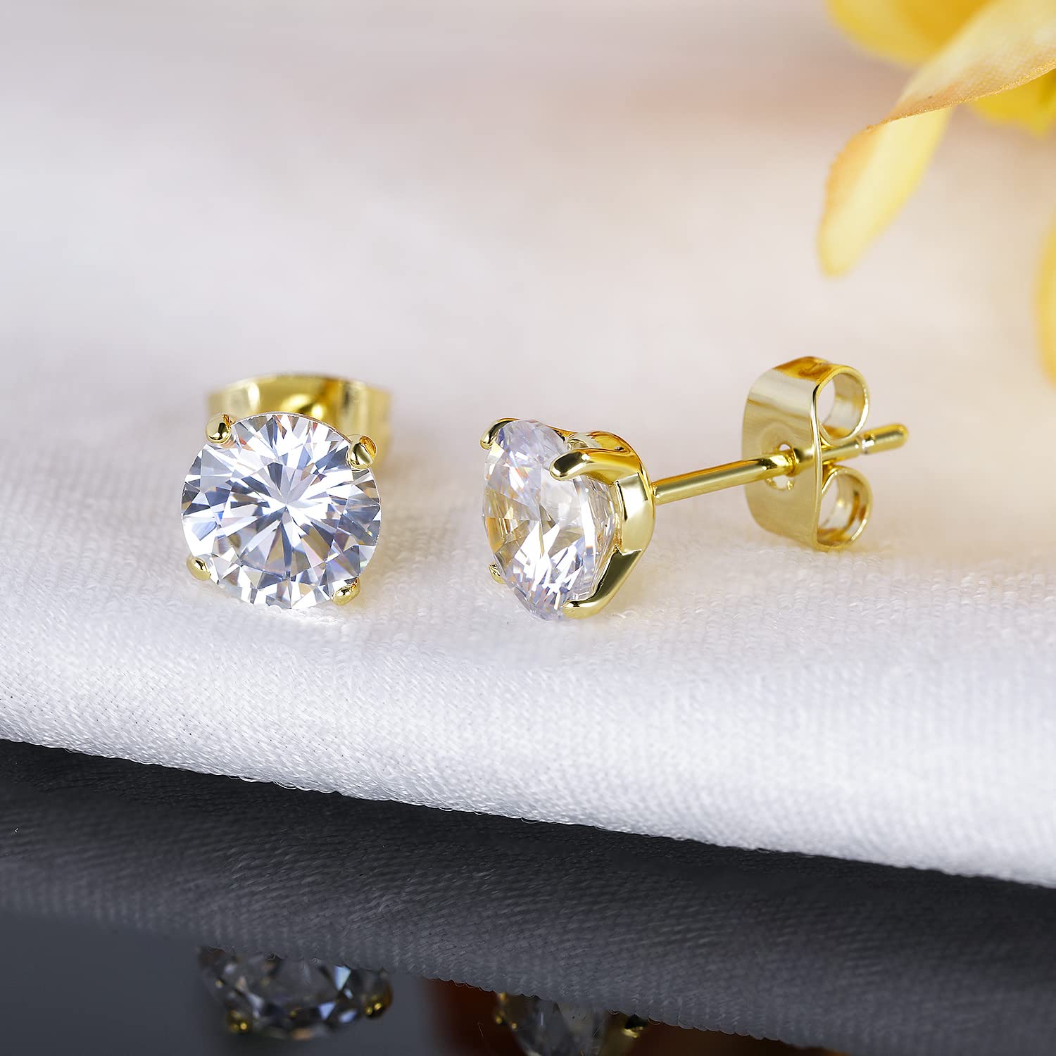 18K White Gold Plated Round Cut Cubic Zirconia Stud Earrings Sets for Women and Men 5 Pairs 3-7mm