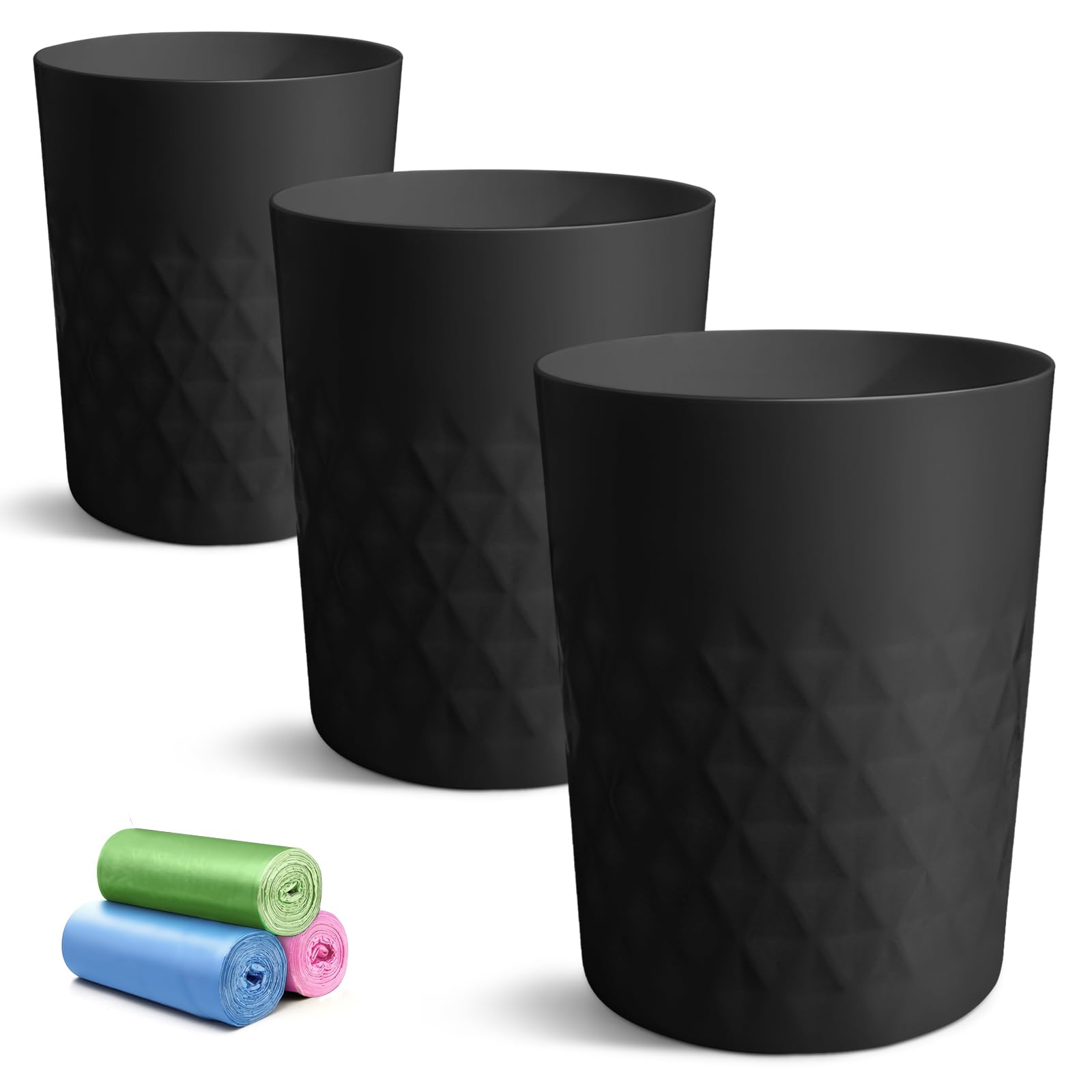 3 Pack Bathroom Trash Can, 1.8 Gallons Small Trash Can with Trash Bags, Round Bathroom Garbage Can Waste Basket, Plastic Trash Bin for Dorm, Bedroom, Kitchen, Office, Study, Compact Spaces(Black)