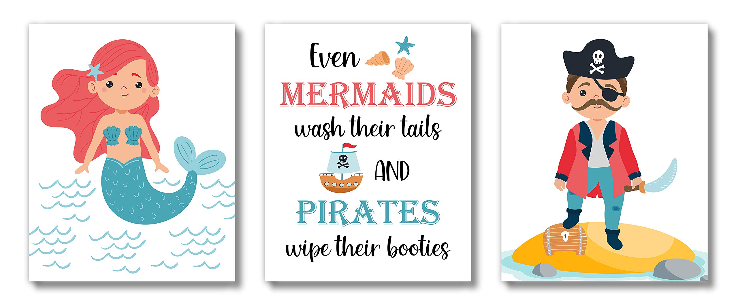Brooke & Vine Kids Bathroom Wall Decor Art Prints (UNFRAMED 8 x 10 Set of 3) Mermaid Pirate Children, Toddler, Baby Girl, Baby Boy, Nursery, Classroom, Washroom, Restroom, Powder Room (Mermaid Pirate)