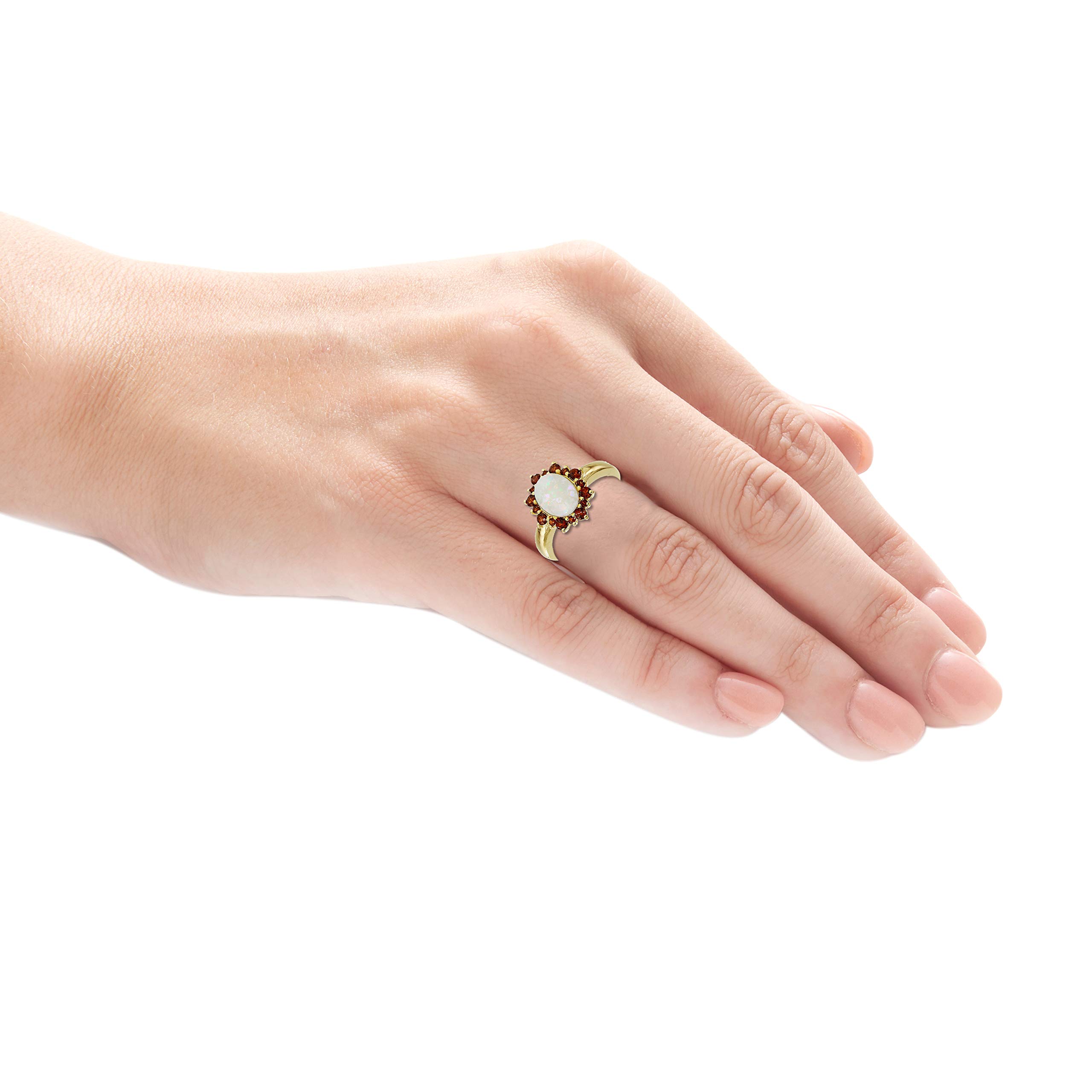 18K Yellow Gold Plated Sterling Silver Oval Created White Opal and Genuine Garnet Halo Ring, Size 7