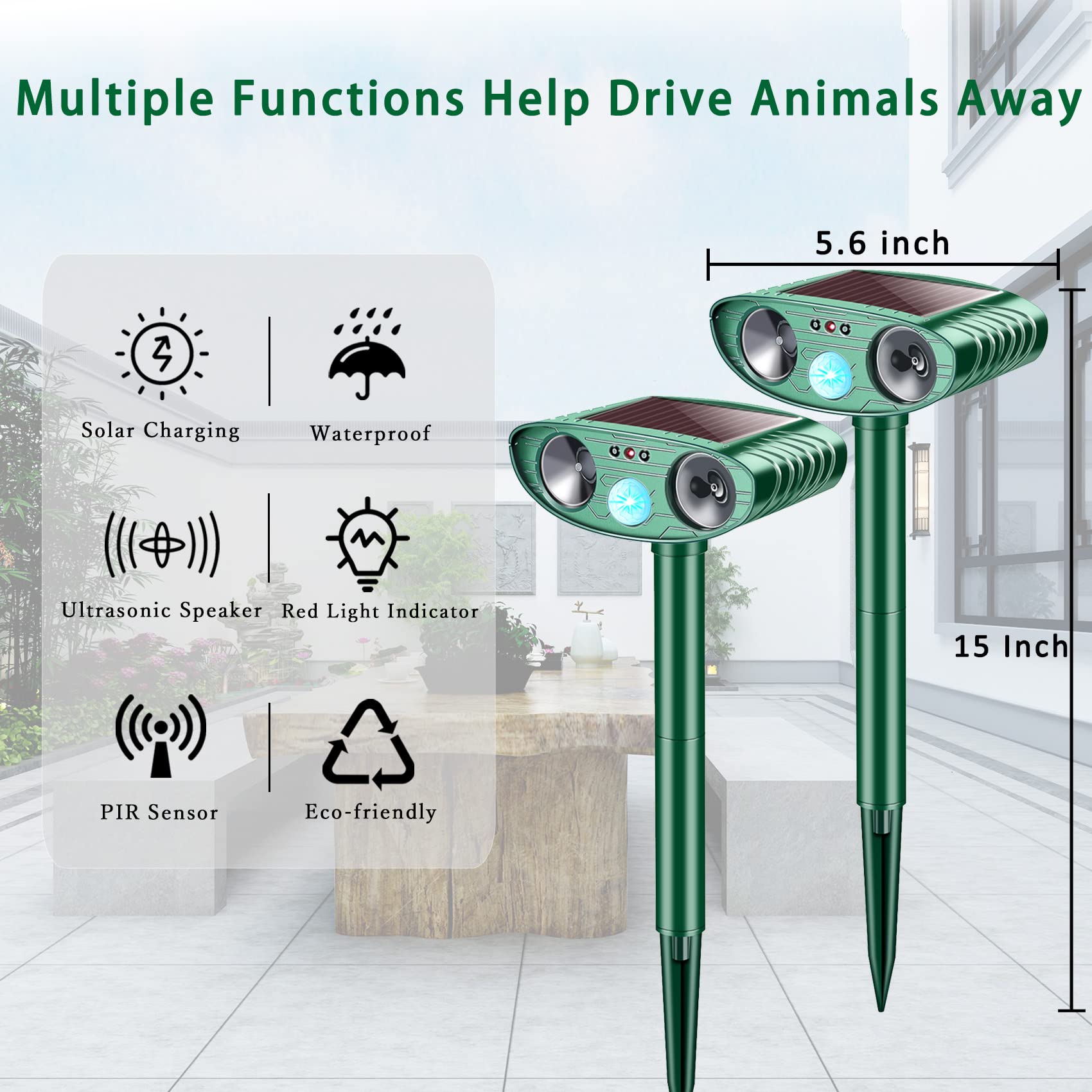 2 Pack Solar Ultrasonic Pest Animal Repeller, Deer Repellent Devices with Motion Sensor, Outdoor Waterproof Deterrent Repel Deer, Cat, Dog, Raccoon, Fox, Skunk, Rabbit, Squirrel for Garden, Yard