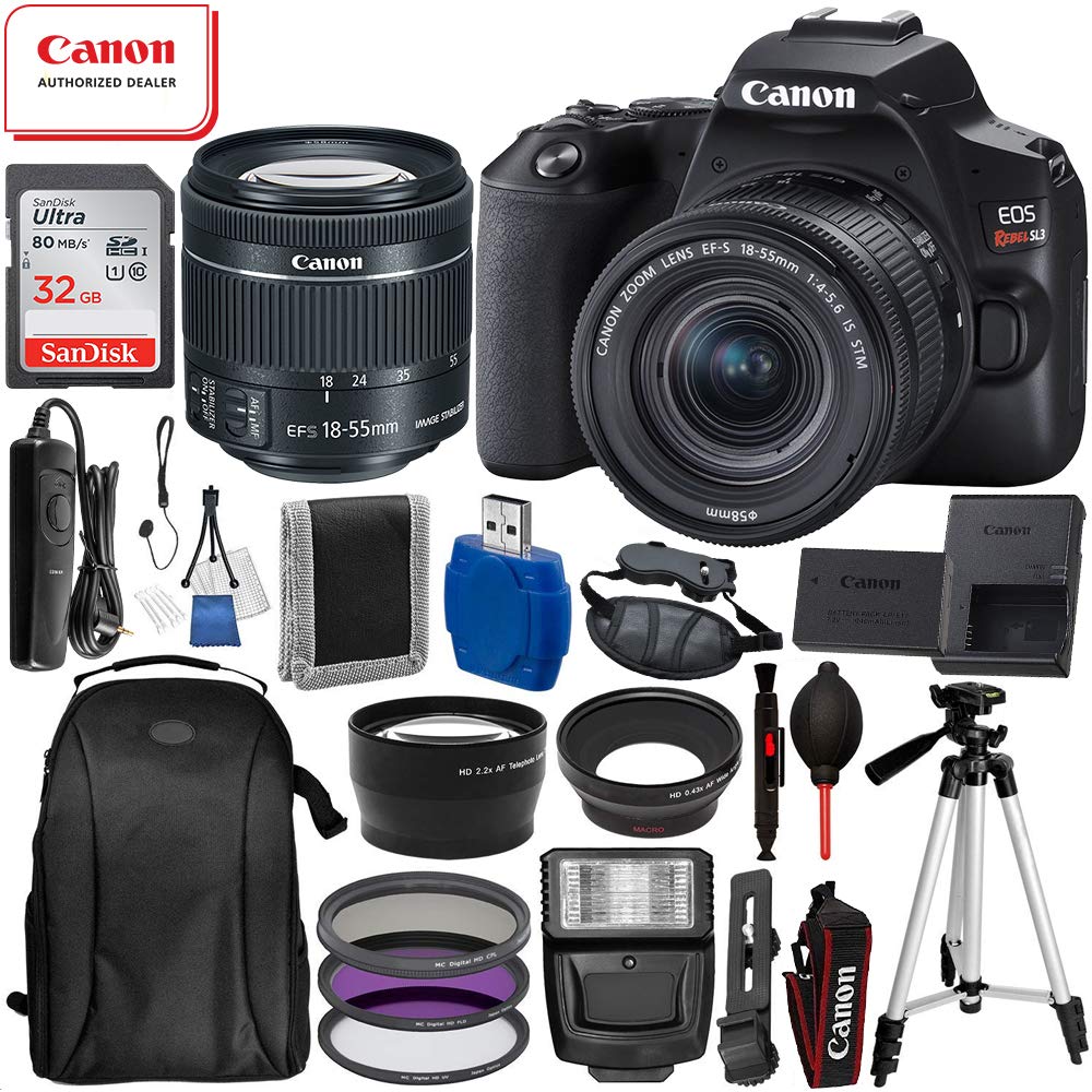Canon EOS Rebel SL3 DSLR Camera (Black) with 18-55 IS STM 3453C002 USA 17pc Must Have Bundle: Includes – 32GB SanDisk Highspeed Memory Card + 50” Tripod + Professional Backpack + 3pc Filter Kit + More