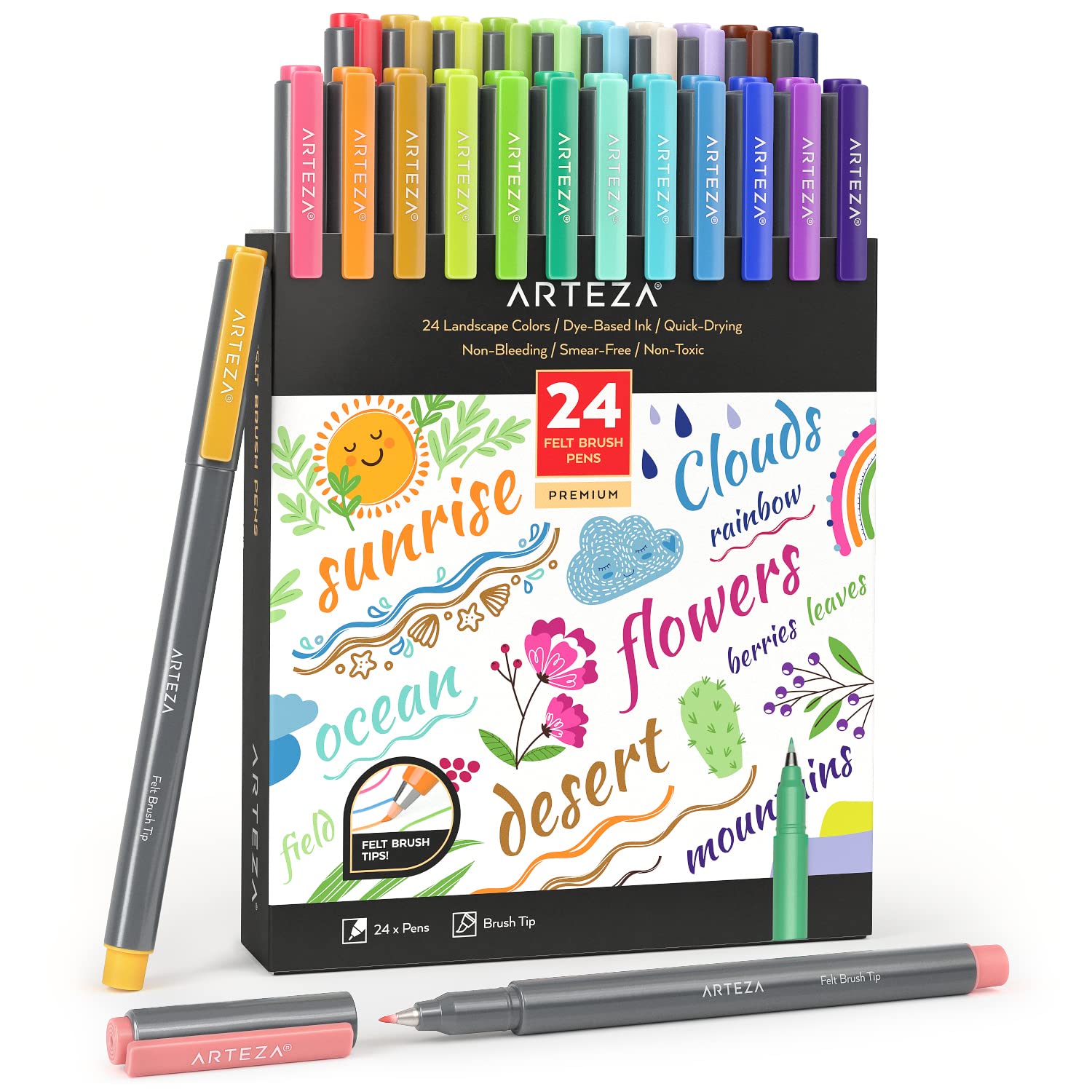 ARTEZA Felt Tip Pens, Set of 24 Landscape Brush Tip Calligraphy Pens for Note Taking, Sketching, Cross-Hatching, Outlining, Dye-Based Ink, Smear-Free