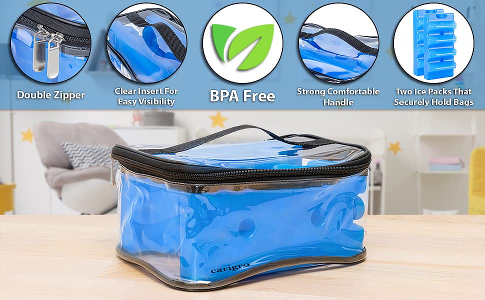 Ice Pack and Safety Case Set for Breastmilk Bags - carigro Brand - Insert for Breastmilk Cooler Bag (3 Items)