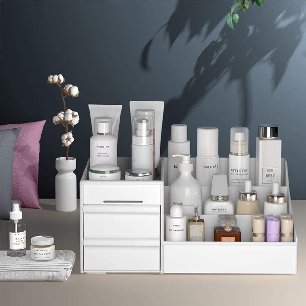 HASPINH Large Makeup Capacity Cosmetic Storage Box Skin Care Organizer Jewelry,Makeup, Brushes, Lipsticks, Nail Polish Container,Desktop Dresser Sundries Storage Box (White)