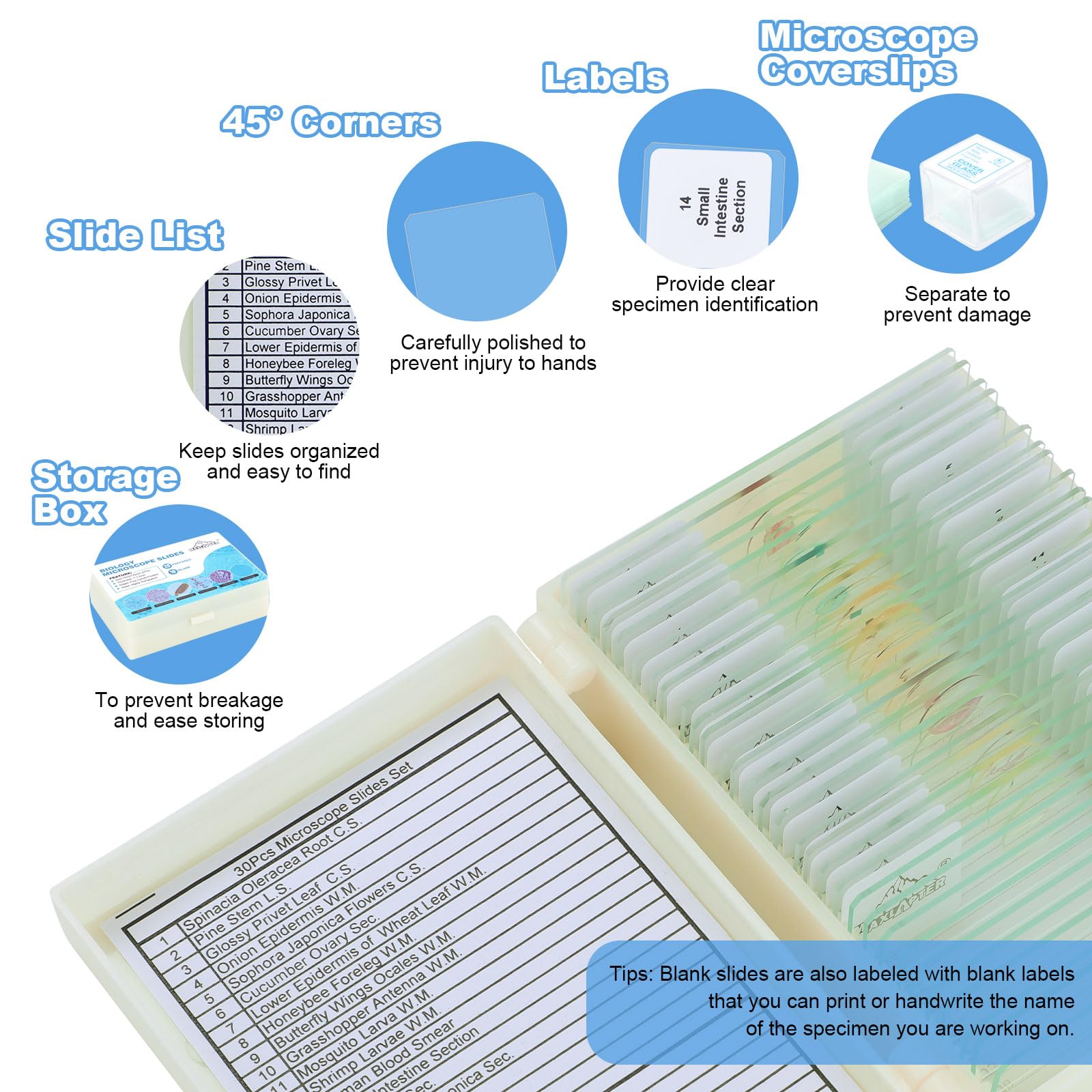 30 Microscope Slides and 100 Covers Set - 20 Prepared Microscope Slides with Specimens, 10 Blank Microscope Slides and 100 Microscope Coverslips - Microscope Slides for Kids Students Homeschool Use