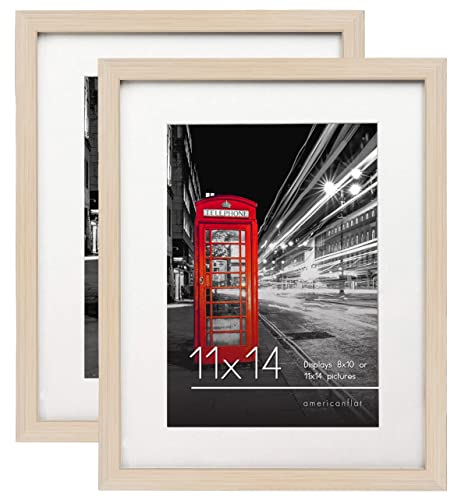 Americanflat 11x14 Light Wood Picture Frame 2 Pack with Shatter-Resistant Glass Cover and Composite Wood Molding - 11X14 Frame With Mat For 8X10 Inch Photos - 2 Pack