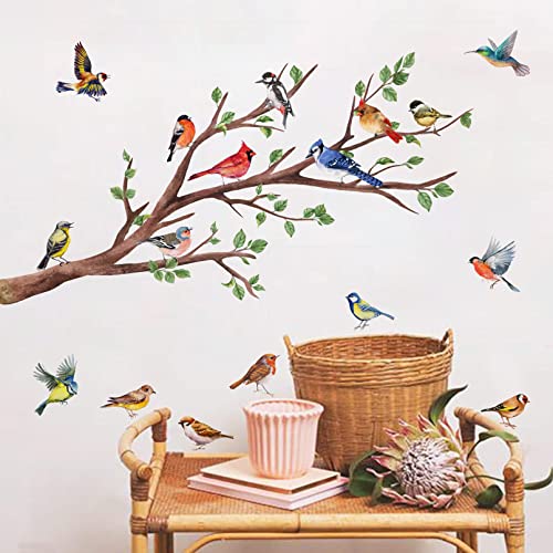 Yovkky Watercolor Birds Branches Wall Decals, Peel Stick Red Blue Birdies Cardinal Sticker Nursery Decor, Home Kitchen Office Living Room Fridge Decorations Kids Bedroom Playroom Art Party Supply Gift
