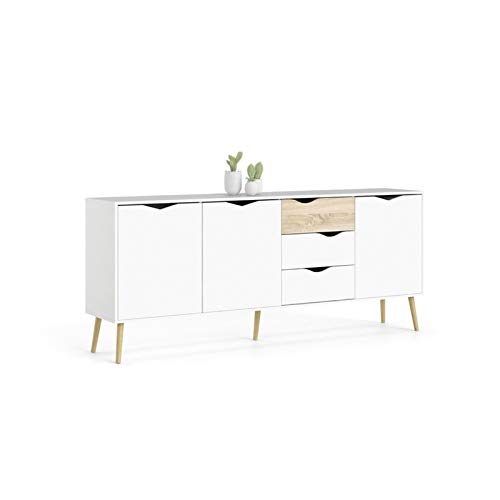 Pemberly Row Danish Modern 77" W Buffet Cabinet/Sideboard in White and Oak