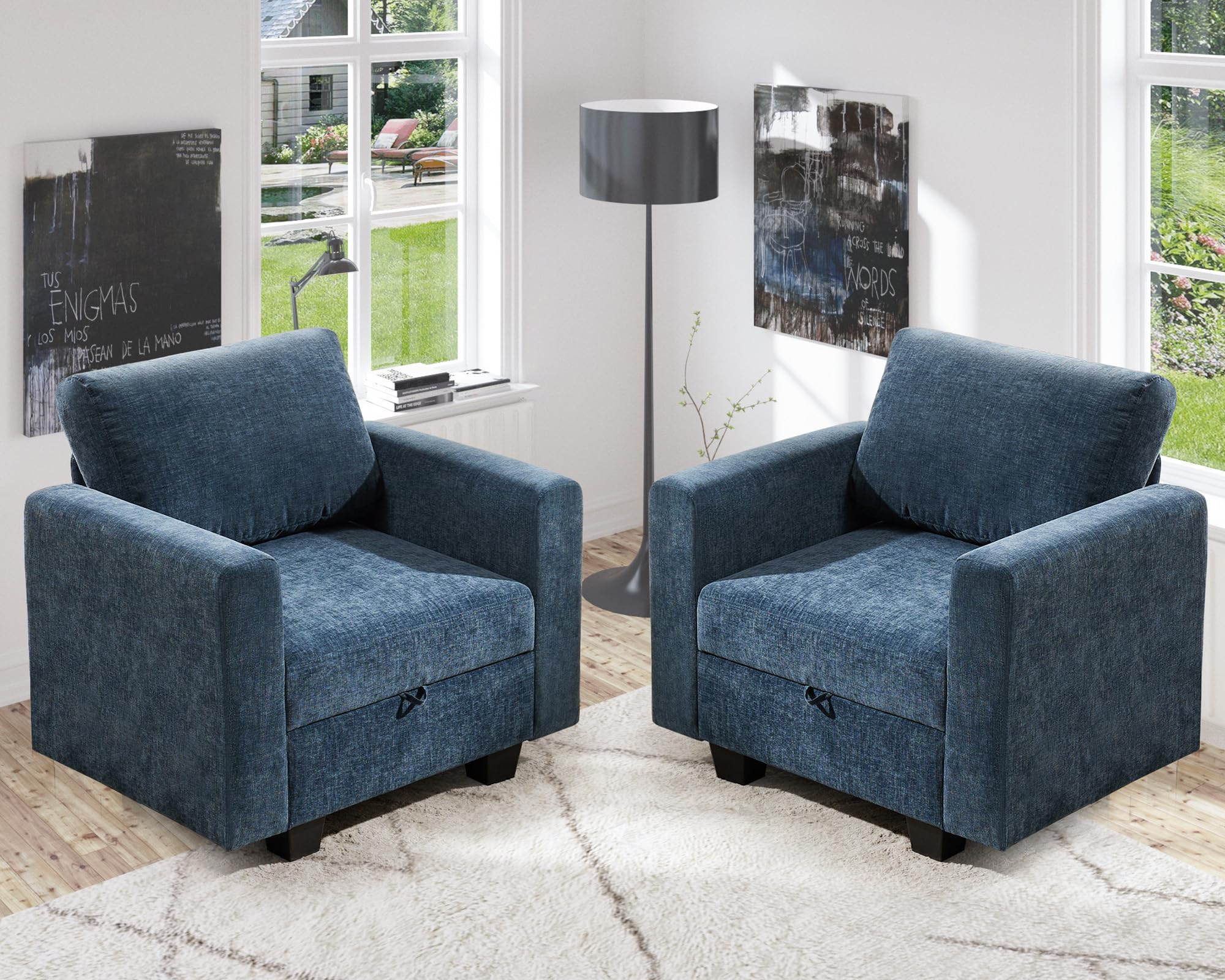 ABCASA 38.5 Oversized Accent Chair with Storage Blue Chenille, Single Modern Accent Sofa Chair with Arms for Apartment Living Room (21" Deep Seat)
