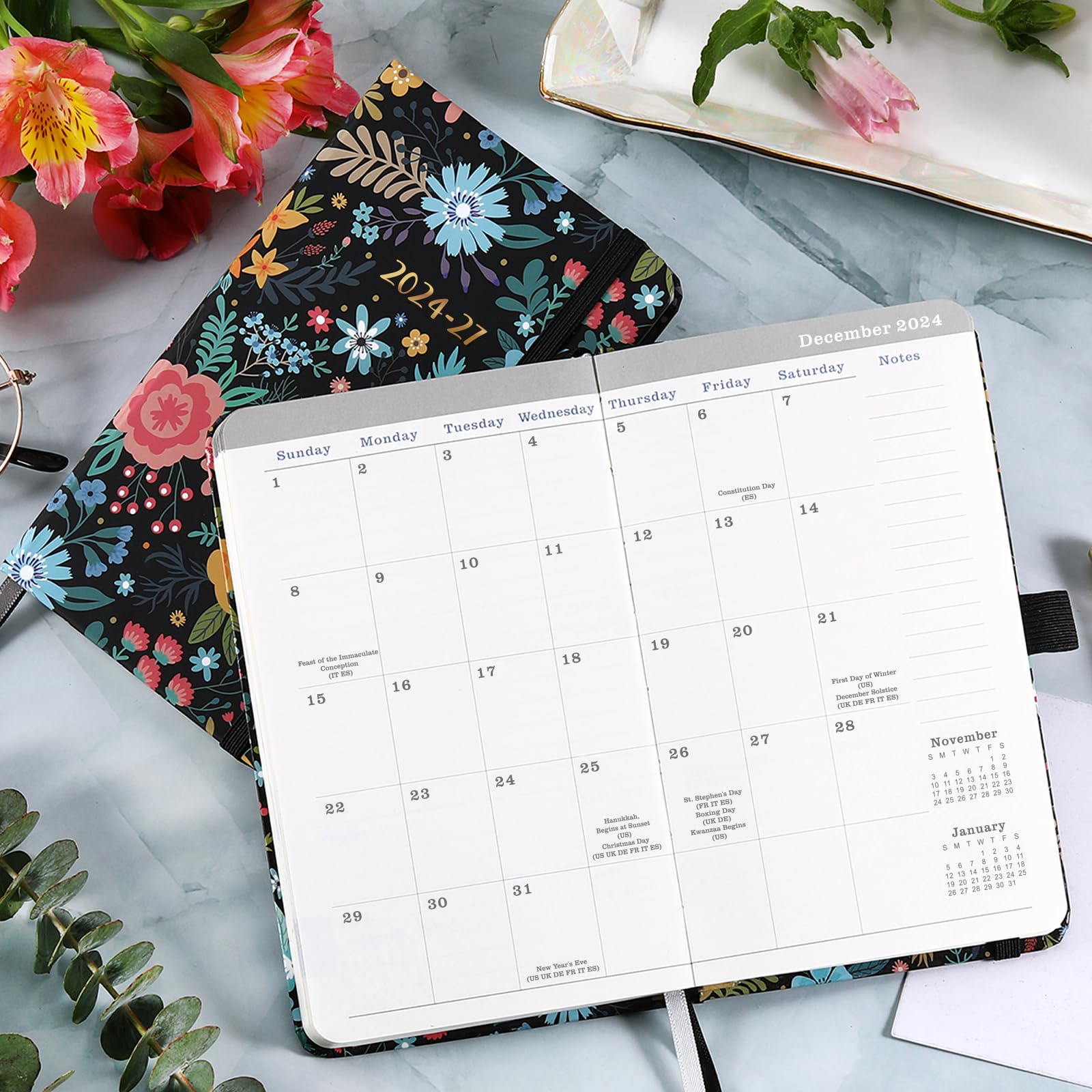 2024-2026 Pocket Calendar - Monthly Pocket Planner with Pen Hold, January 2024 - December 2026, 6.6" x 3.7", Inner Pocket and 63 Notes Pages - Mint Flower