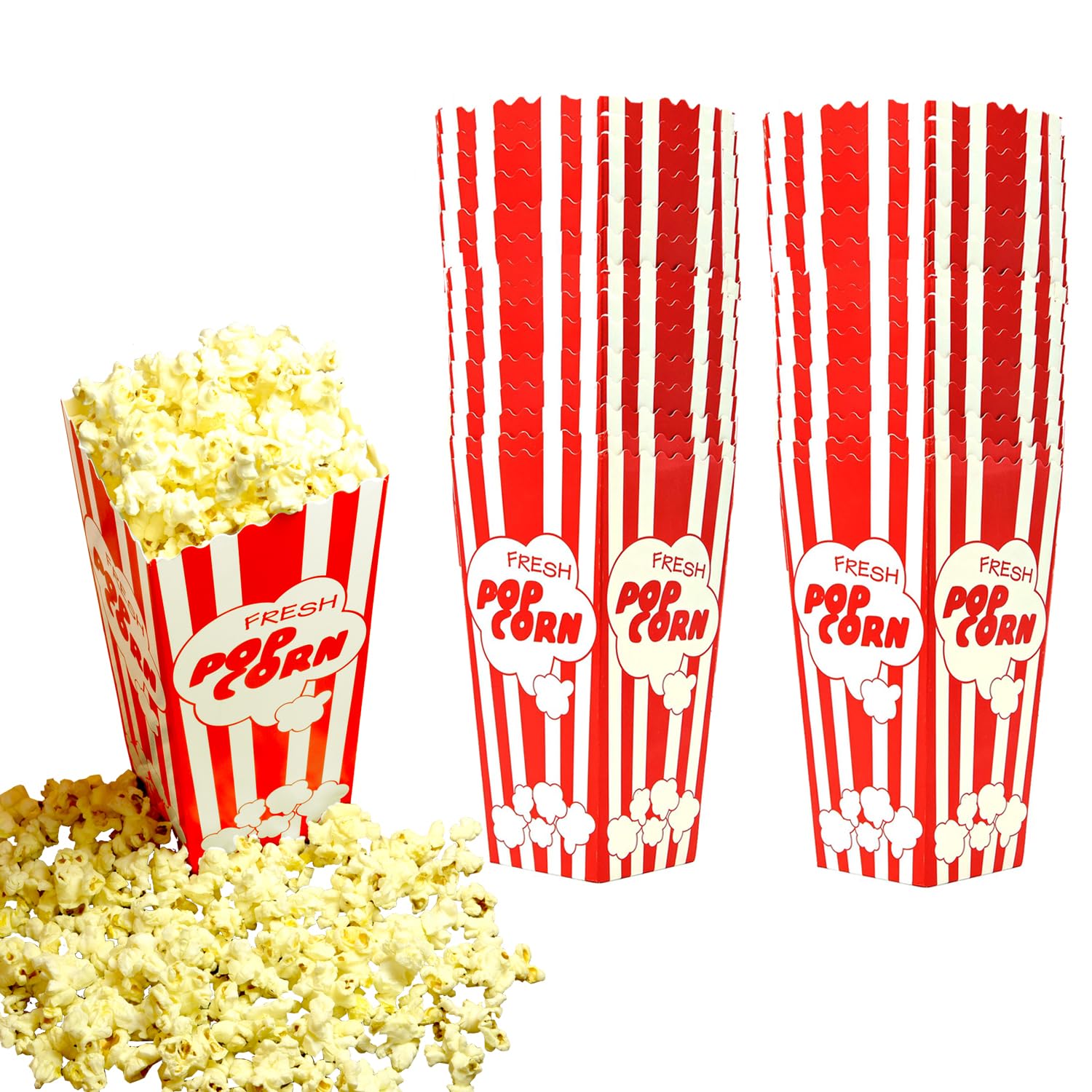 30 Movie Night Popcorn Paper Boxes Buckets 7.75 Inches Tall Large & Holds 46 Oz Old Fashion Vintage Retro Party Design Red & White Colored Nostalgic Carnival Stripes Bags & Tubs [various qty avail]